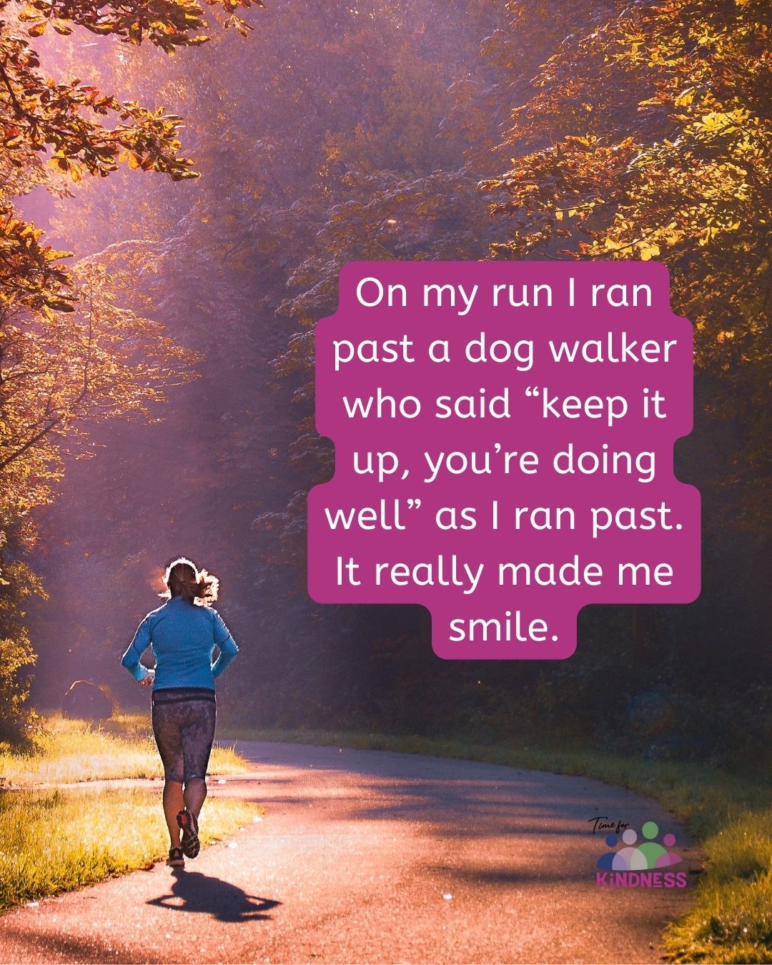 Dog walker gives encouragement to runner. - Time for Kindness